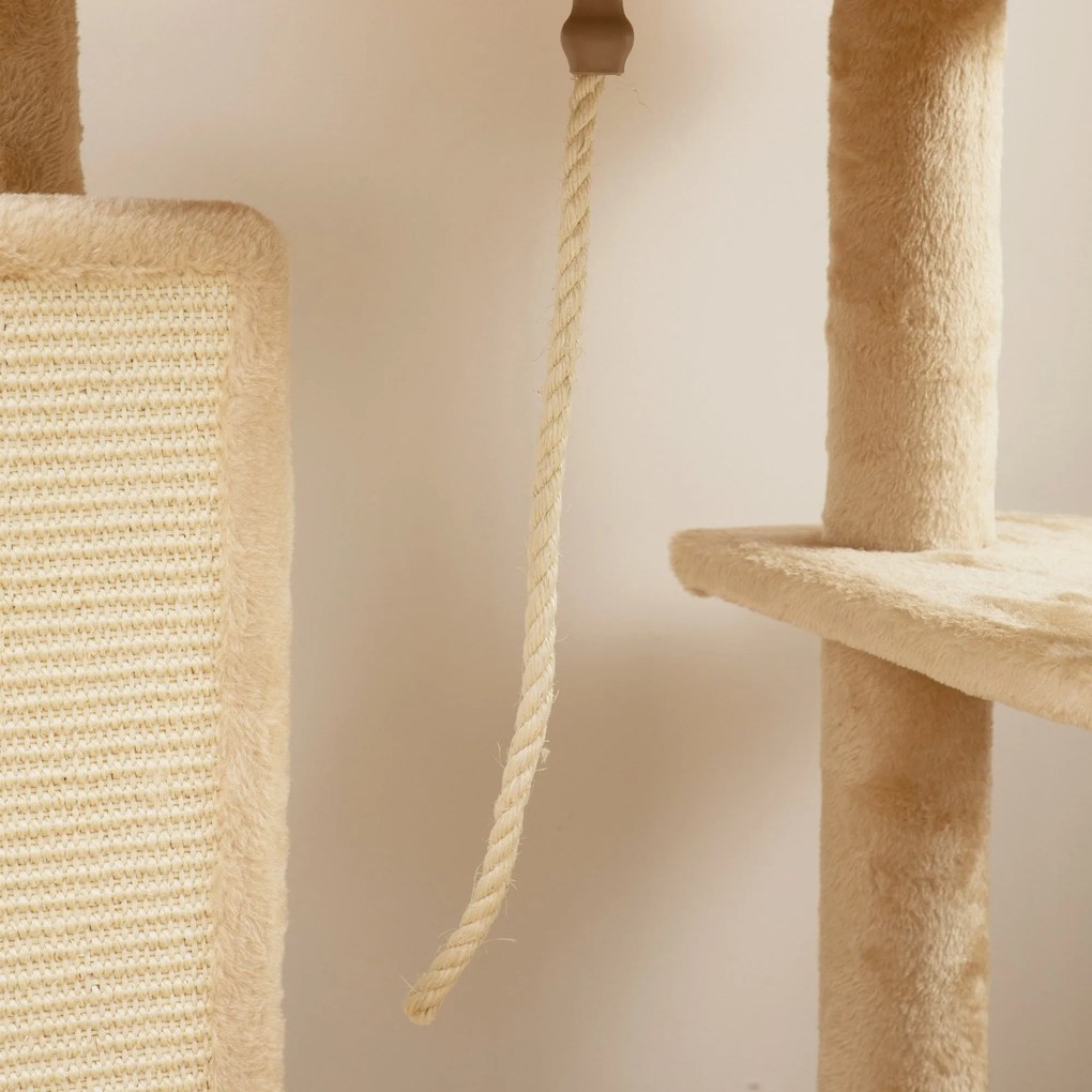 PawHut Kočičí škrabadlo výška 132 cm, kočičí věž s plošinami, sloupkem, kartáčem, závěsnými míčky a škrabacím polštářem béžová