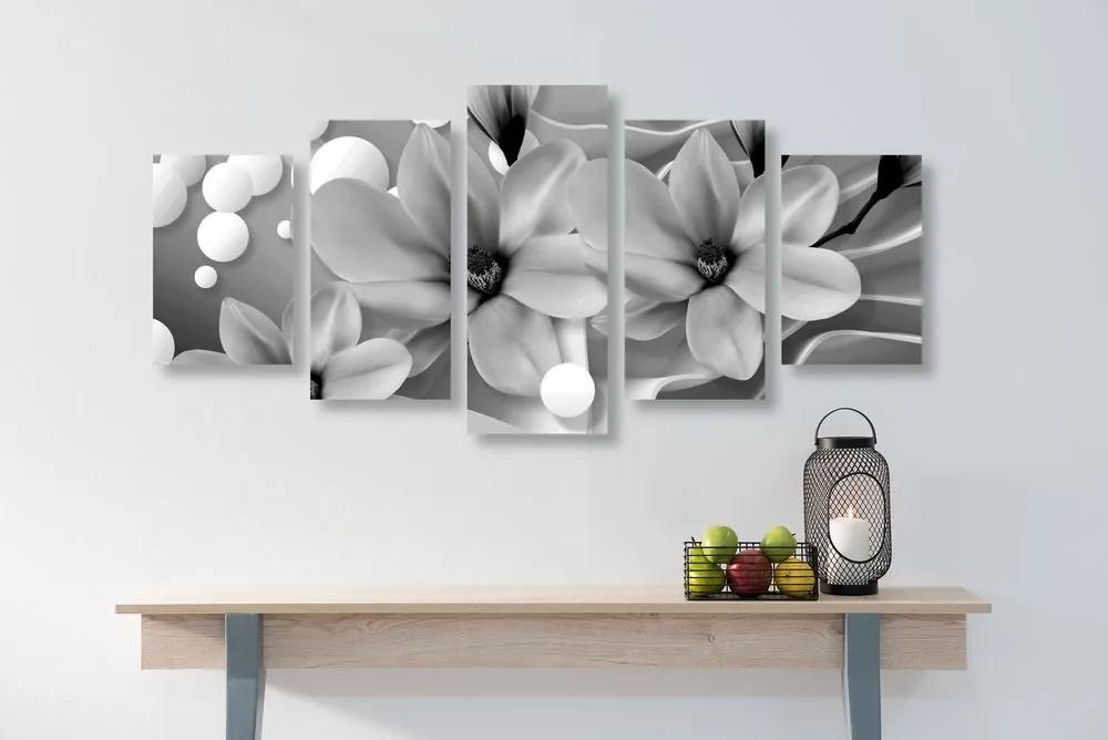 5-dílný obraz černobílá magnólie na abstraktním pozadí - 200x100 cm
