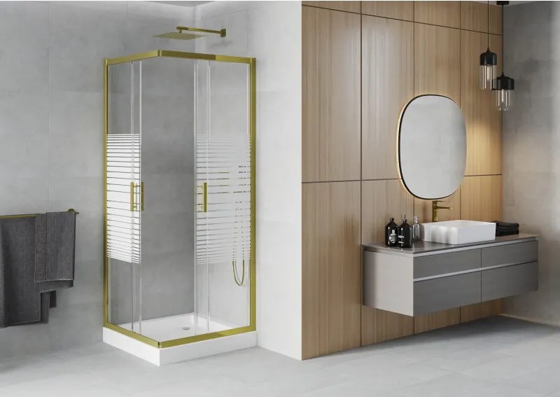 Mexen Rio, čtvercový sprchový kout s posuvnými dveřmi 70 (dveře) x 70 (dveře) x 190 cm, 5mm čiré sklo s pásky, zlatý profil + bílá sprchová vanička RIO, 860-070-070-50-20-4510