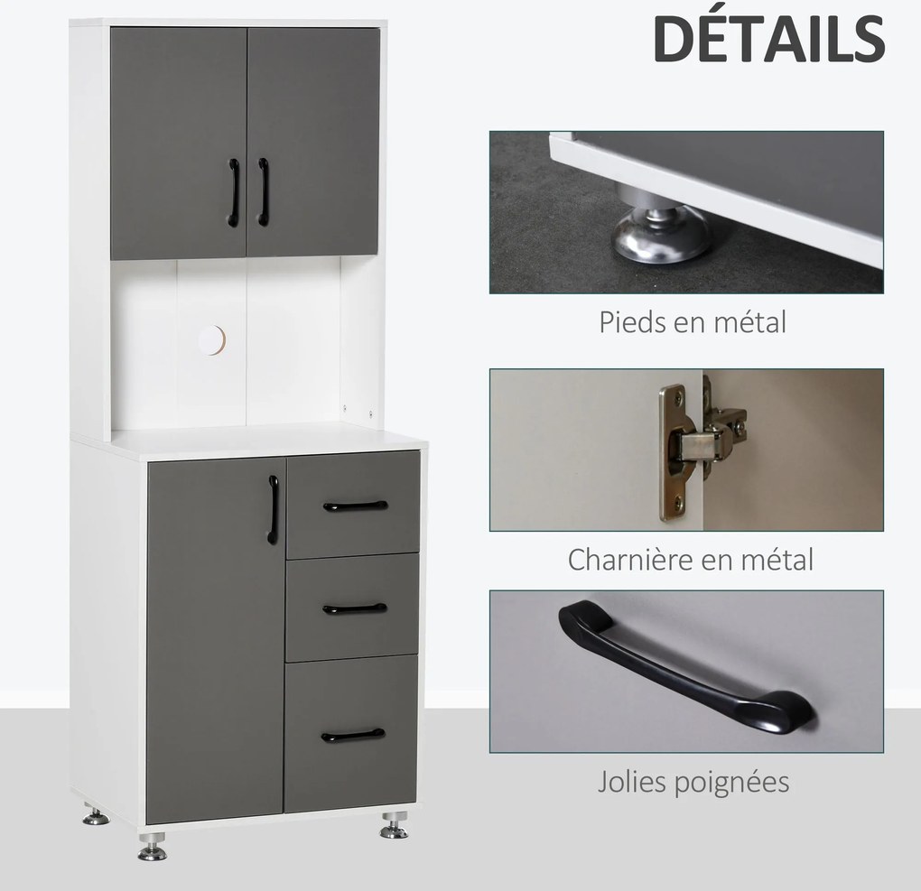 HOMCOM Kuchyňský bufet s více úložnými prostory 2 + 1 dvířka 3 zásuvky + Velký pracovní stůl Rozměry 60L x 40W x 160H cm Šedá Bílá | Aosom