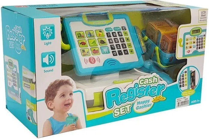 LEAN Toys Dětská pokladna modrá s košíkem