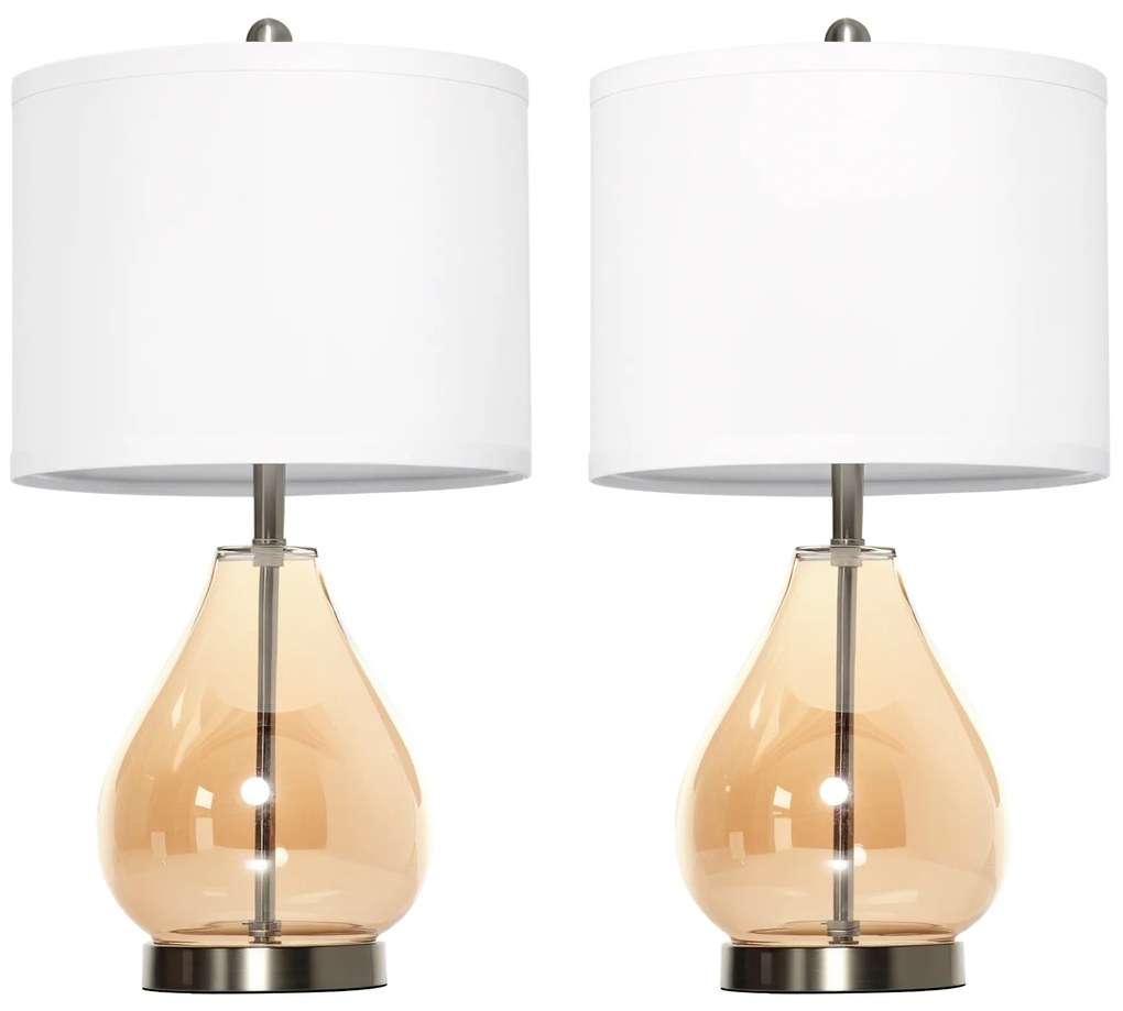 HOMCOM Sada 2 nočních lampiček s paticí E27, 40W, sklo, len, ocel, jantarová barva, Ø30 x 56H cm| Aosom