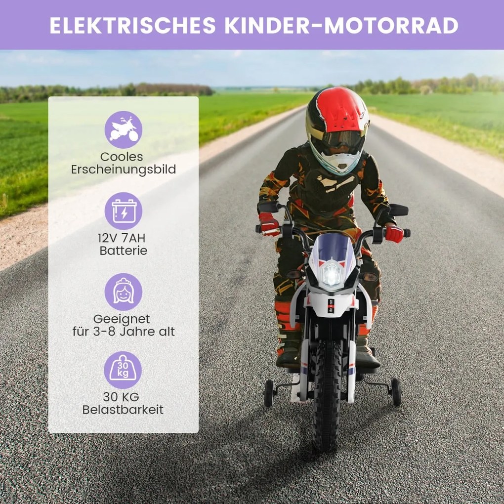 Costway Elektrická dětská motorka Aprilia s tréninkovými koly a hudbou a – bílý