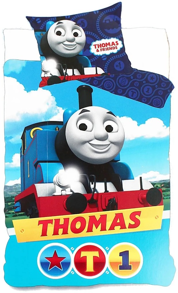 Povlečení do dětské postýlky Mašinka Tomáš - Lokomotiva Tomáš - 100% bavlna - 90 x 140 cm + 40 x 55 cm