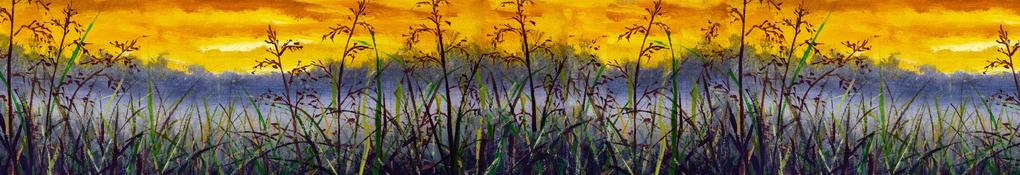 DIMEX | Fototapeta do kuchyně Denimová malba luční trávy KI-350-210 | 350 x 60 cm | žlutá, hnědá, modrá, zelená