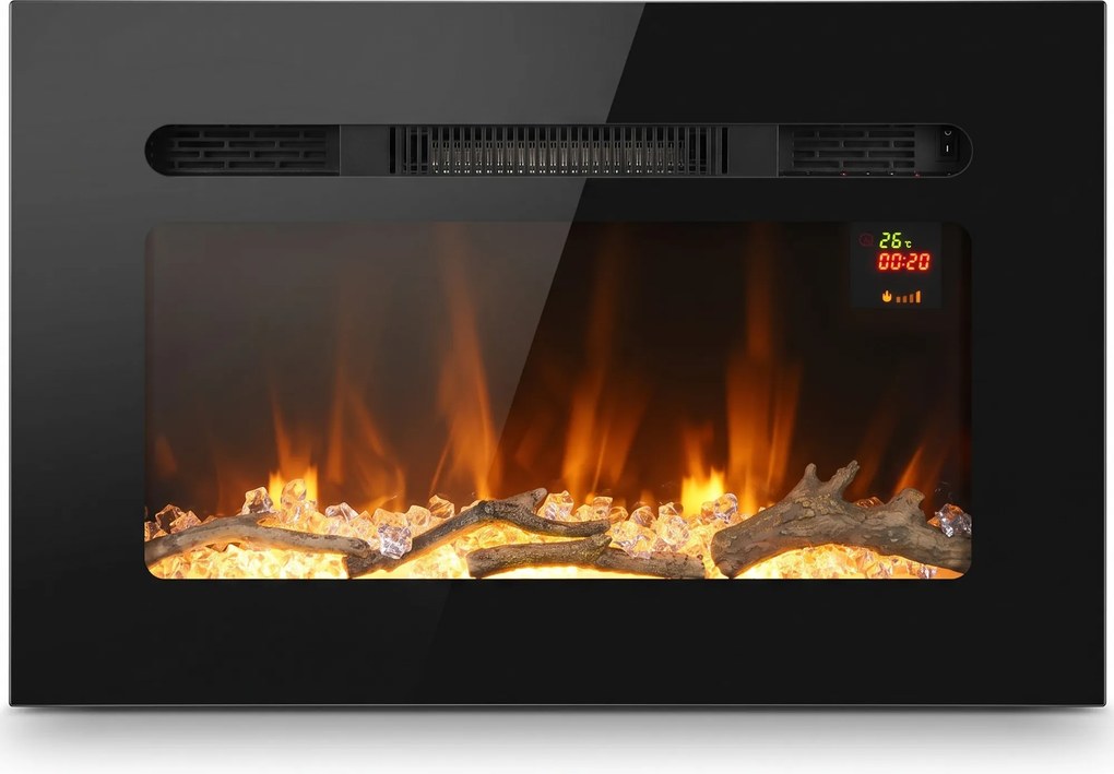 HOMCOM Elektrický krb 60 cm k zabudování nebo na stěnu, 1800W, 24hodinový časovač, nastavitelný plamen, krystaly