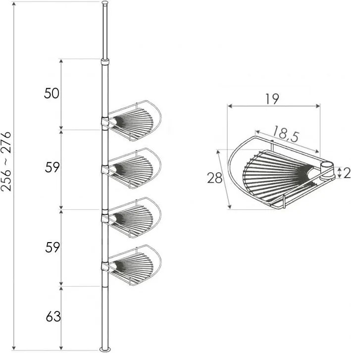 Erga Scopic, teleskopická rohová police 276x28,8x21,5 cm, černá matná, ERG-YKA-CH.SCOPIC-BLK