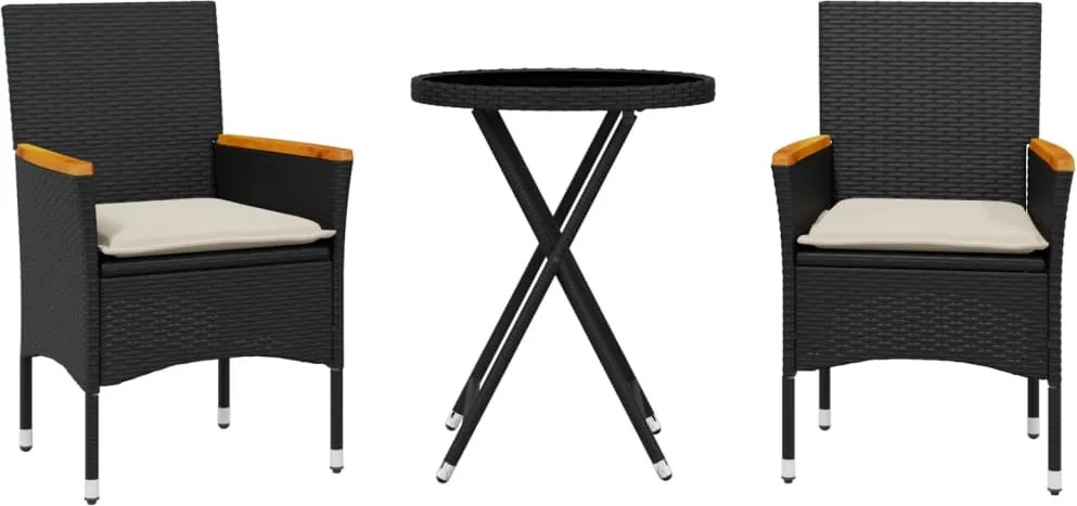 3dílný bistro set s poduškami černý polyratan a sklo 3278753