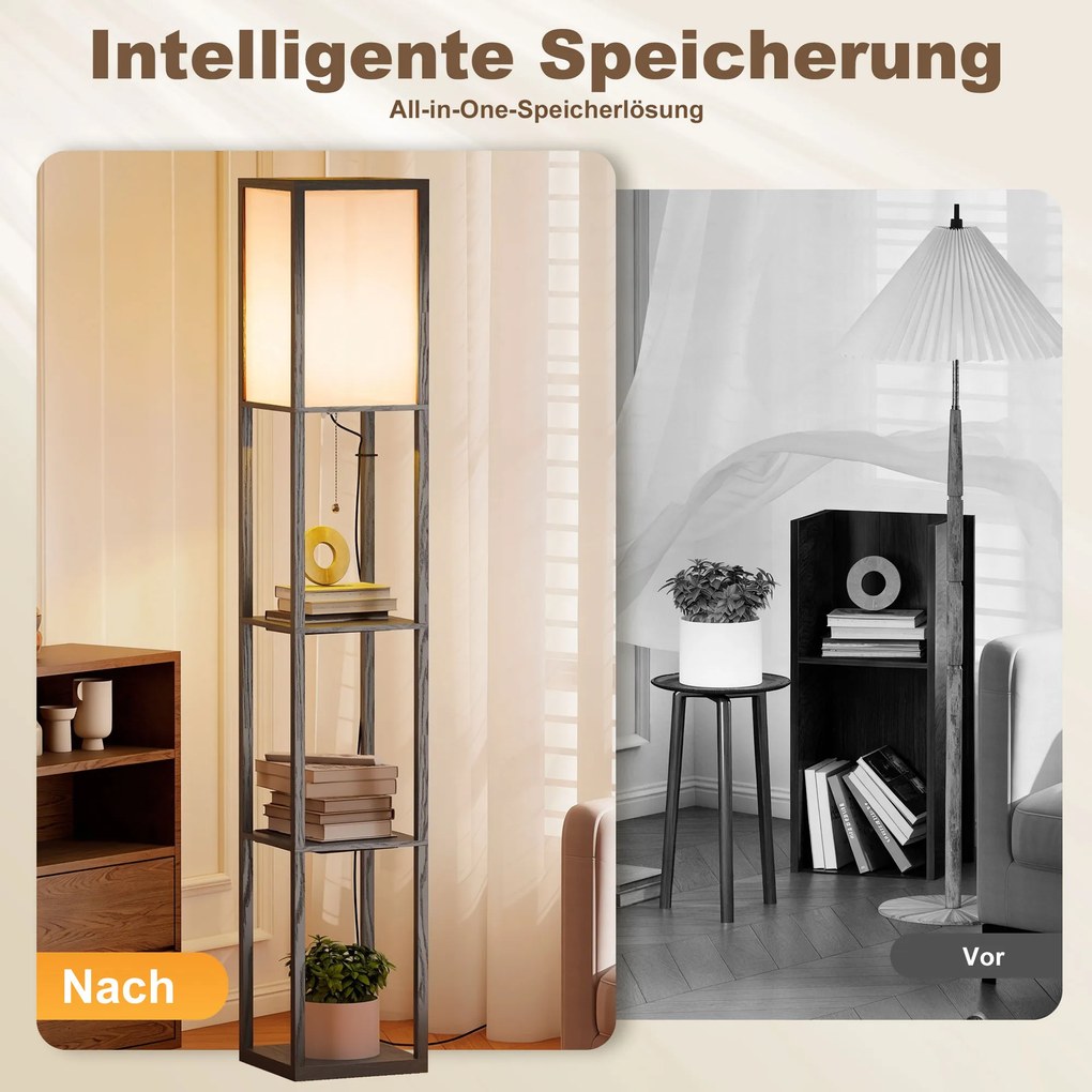 HOMCOM Stojací lampa s policemi E27 do 40 W bez žárovky, interiérové osvětlení do obývacího pokoje a ložnice, dřevo v černé barvě, 26x26x160 cm