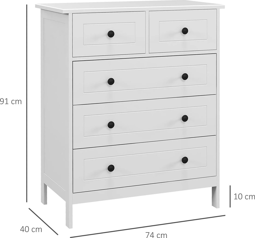HOMCOM Bílá komoda s 5 šuplíky a úchyty vysoká komoda pro obývací pokoj, kancelář, studijní prostory moderní styl 74x40x91 cm