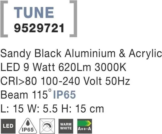 NV 9529721 Venkovní nástěnné svítidlo TUNE černý hliník a akryl LED 9W 3000K 100-240V 115st. IP65 - NOVA LUCE