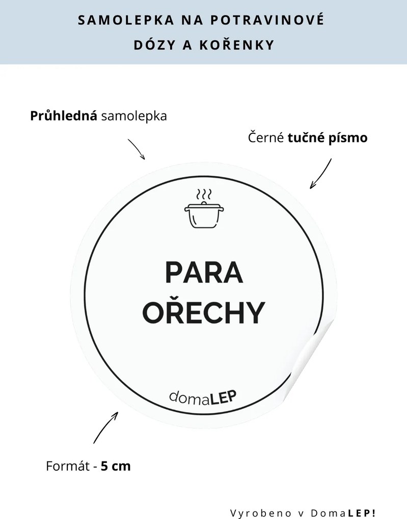 PARA OŘECHY – průhledná samolepka na dózu, tučné písmo, 5 cm | DomaLEP