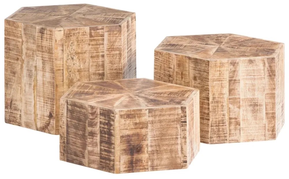 furniture-nabytek.cz - Sada 3 masivních konferenčních stolků Carino Mango, lakovaná, přírodní, šestihranná