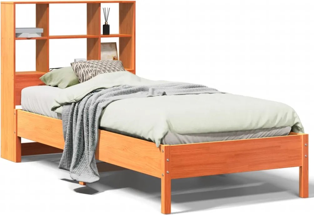 Postel s knihovnou bez matrace hnědá 100x200 cm masiv borovice 3322878