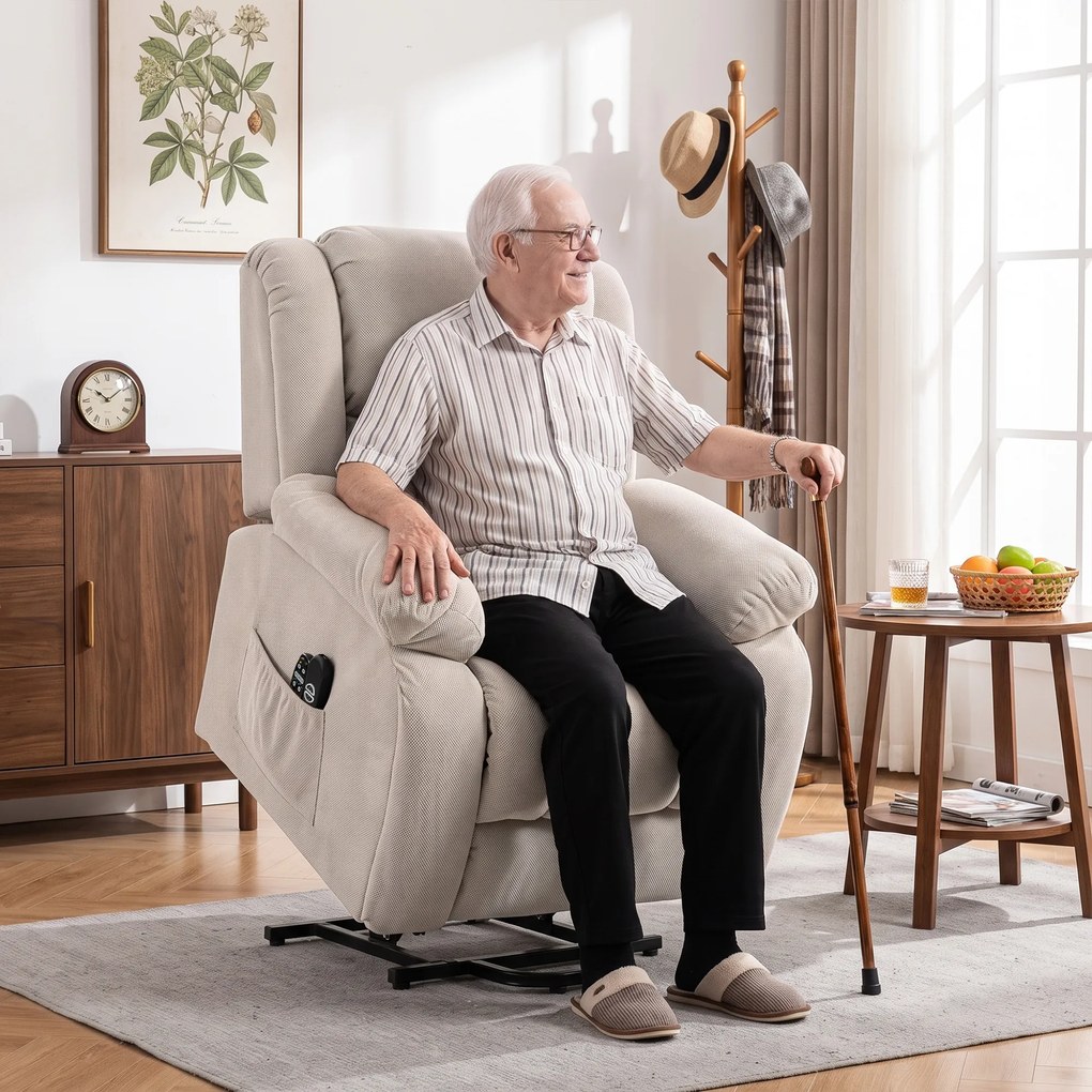 HOMCOM Křeslo pro televizní sledování s masážní a topnou funkcí, elektrické křeslo se vstáváním, dálkové ovládání, boční kapsy, béžová