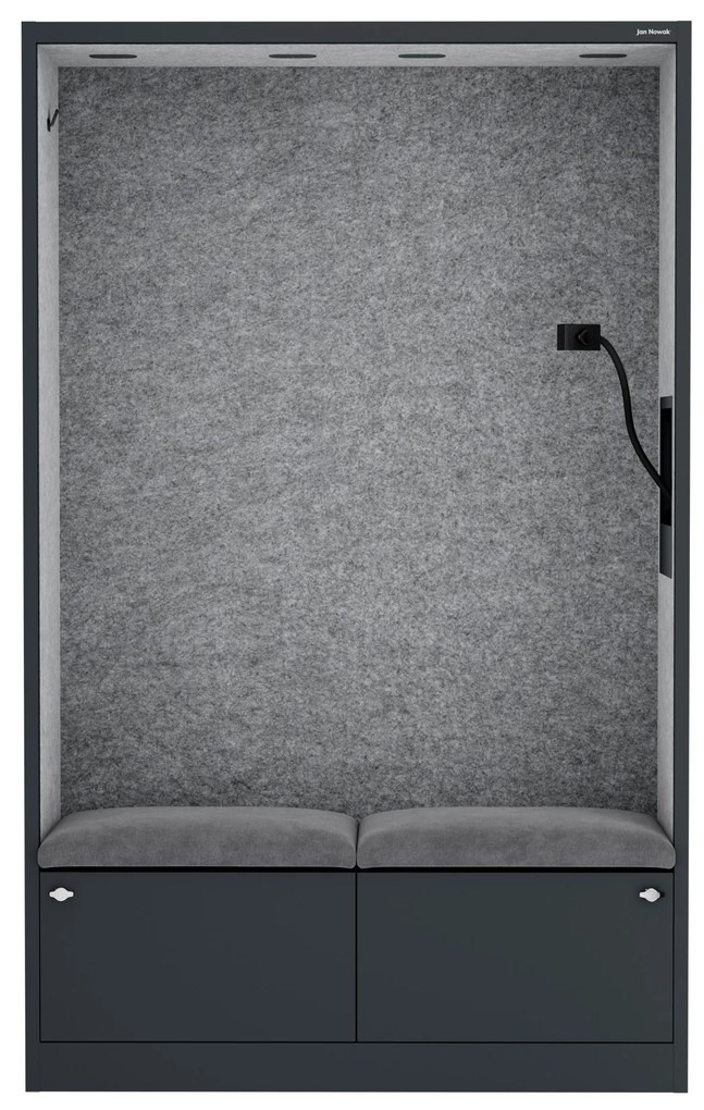 Kancelářská akustická kabina se sedátkem a USB-C portem, korpus antracitový / sedák šedá, 1150 mm: SALLY MentalBox