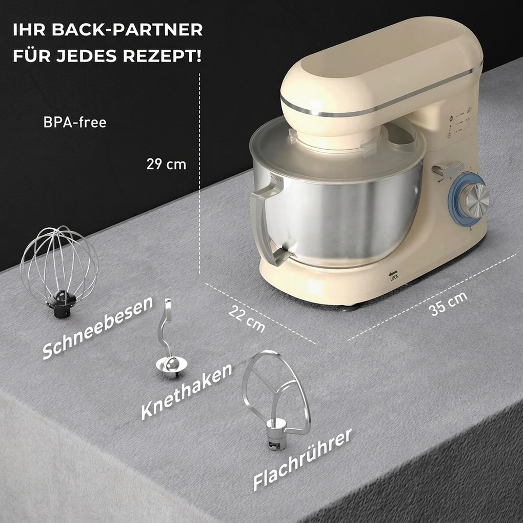 HOMCOM Kuchyňský robot a hnětač s nerezovou mísou 4,5 l, 1300 W, mixér na těsto se 6+P rychlostmi, béžová