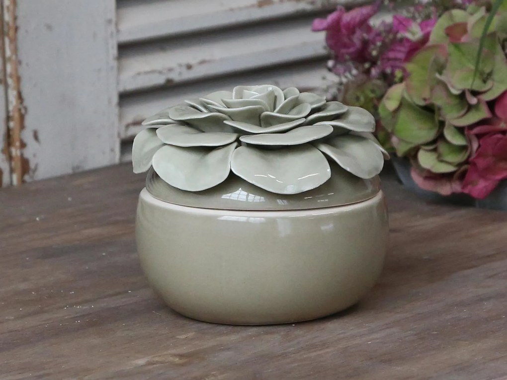 Chic Antique Dózička Flower Vert, zelená barva, keramika