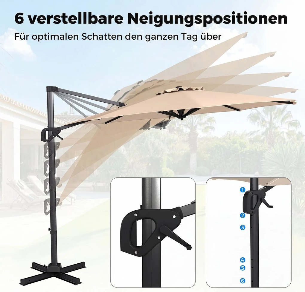 Costway Konzolový slunečník Ø 300 cm 360° Otočný klikou a pedálem, béžový
