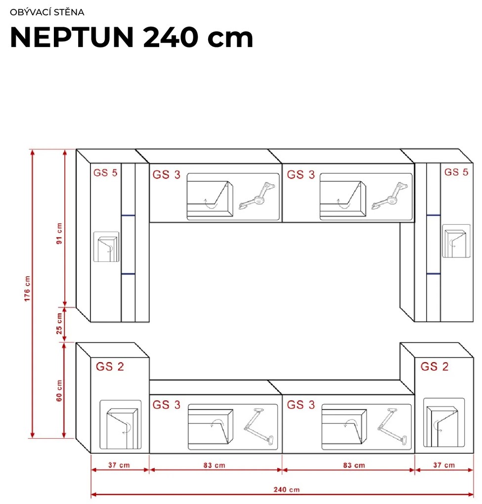 Ral Obývací stěna NEPTUN  2, 240 cm - Bílý lesk