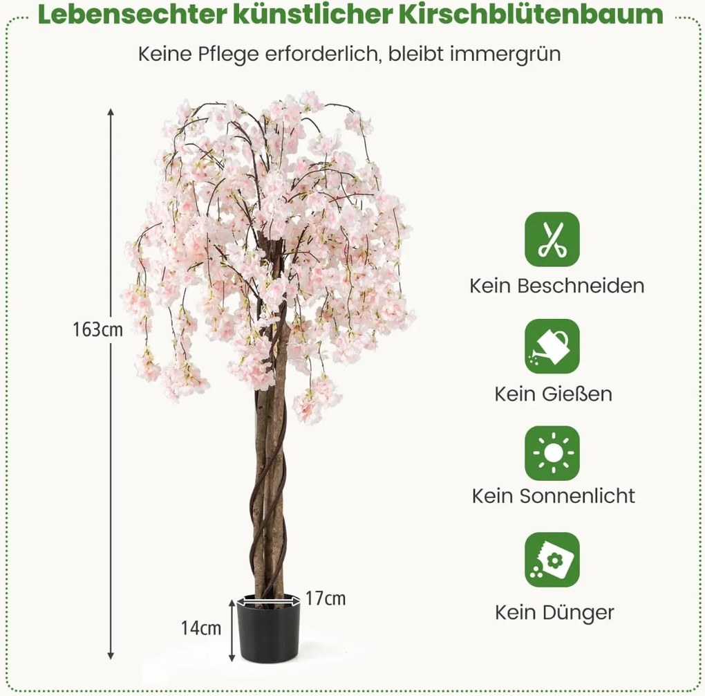 Costway Umělá třešeň v květináči Umělá květina s bílými květy 163 cm
