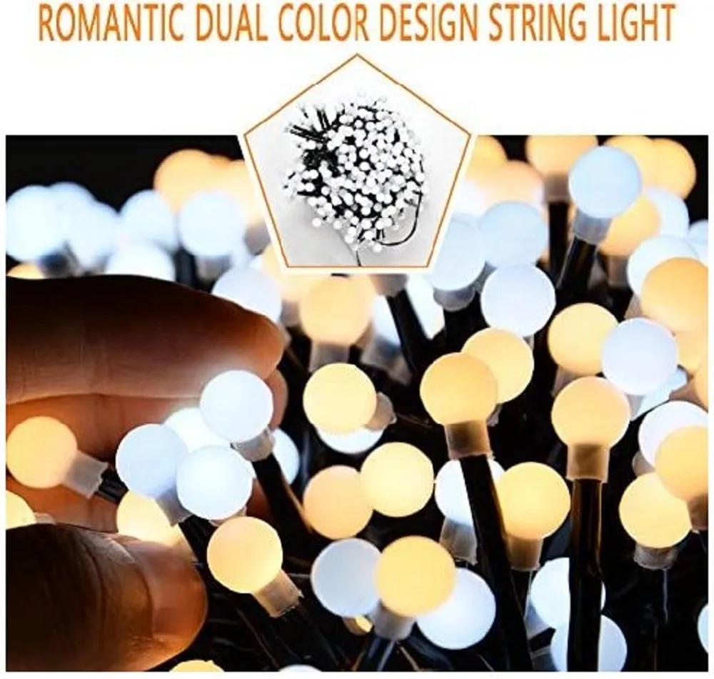 Vánoční LED řetěz s kuličkami - Cherry, 6m, 300 LED diod, kombinace teplé bílé a studené bílé