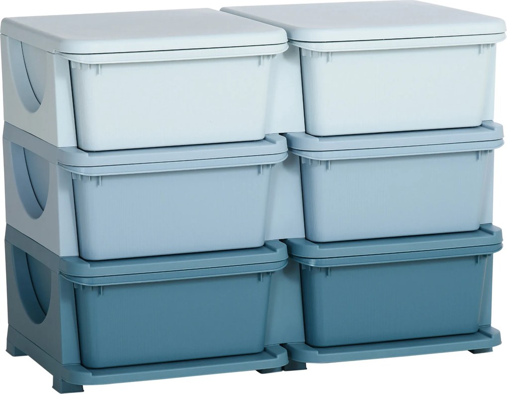 HOMCOM Plastový úložný box, 6 zásuvek, organizér na hračky, komoda do dětského pokoje, modrá