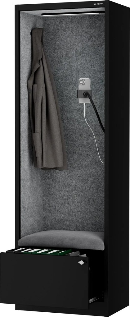Kancelářská akustická kabina se sedátkem a USB-C portem, korpus černý / sedák šedá, 600 mm: SALLY MentalBox