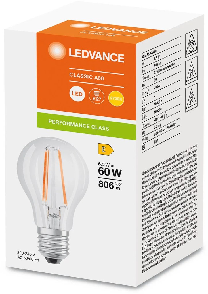 LED žárovka filament E27 6,5W 827, transparentní