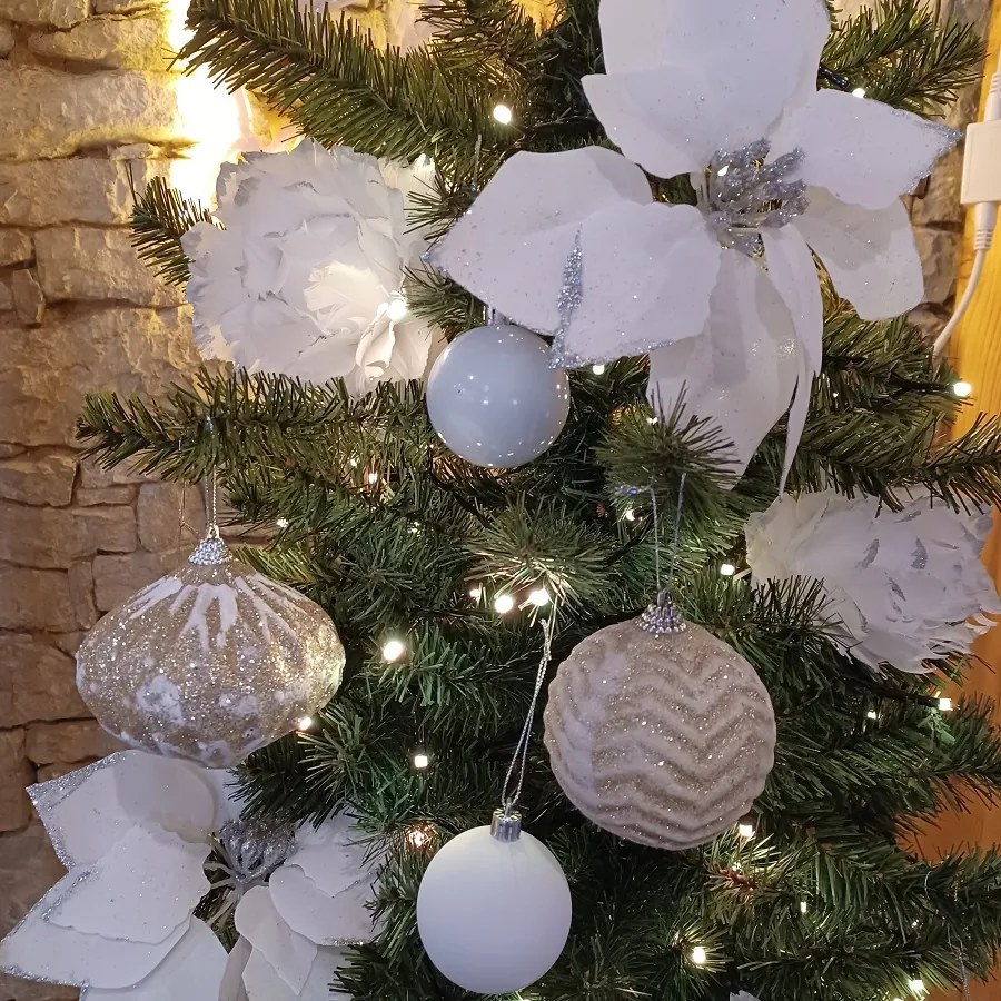Vánoční ozdoba na stromeček glitter 10 cm, bílá zlatá, polystyren, IP44 venkovní