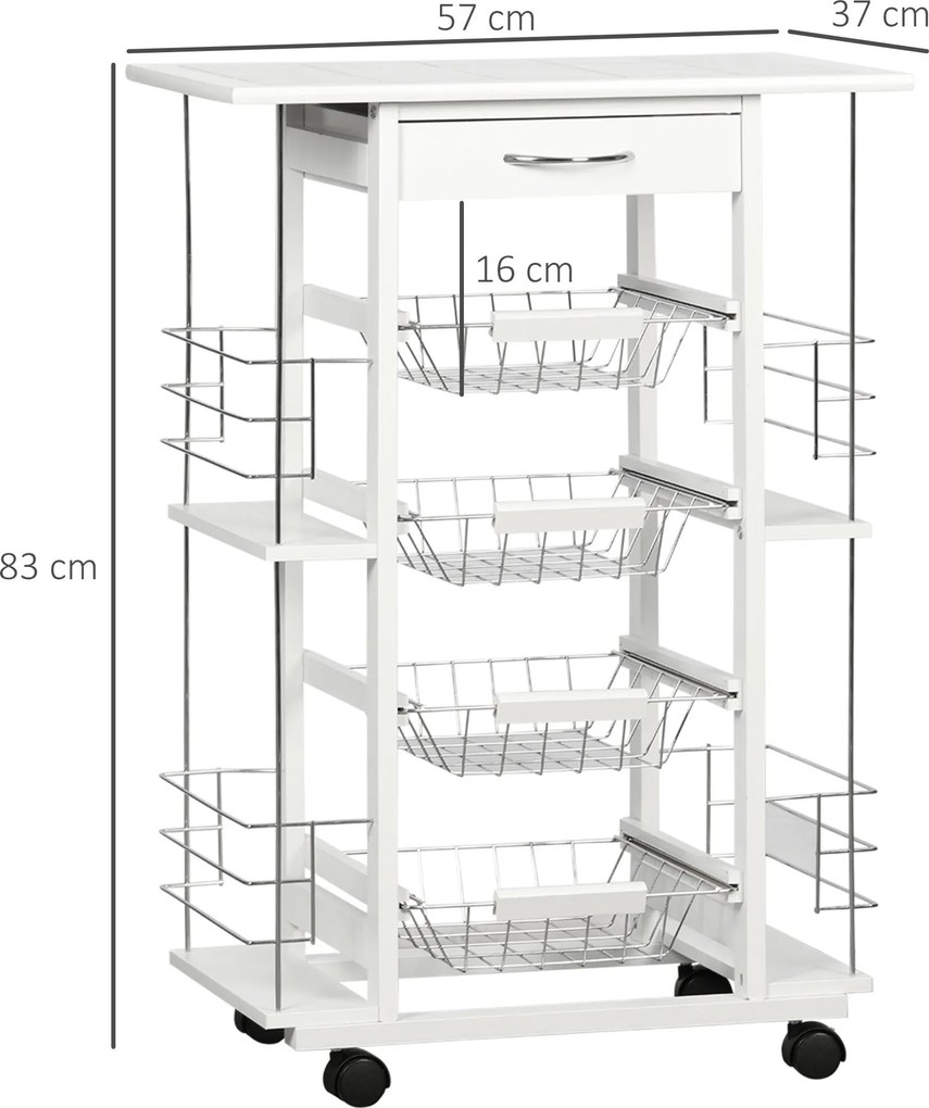HOMCOM Kuchařský vozík na kolečkách s dlažkou a zásuvkou, 4 kovové košíky a 4 boční stojany na kořenky pro jídelnu, 57x37x83 cm Bílý