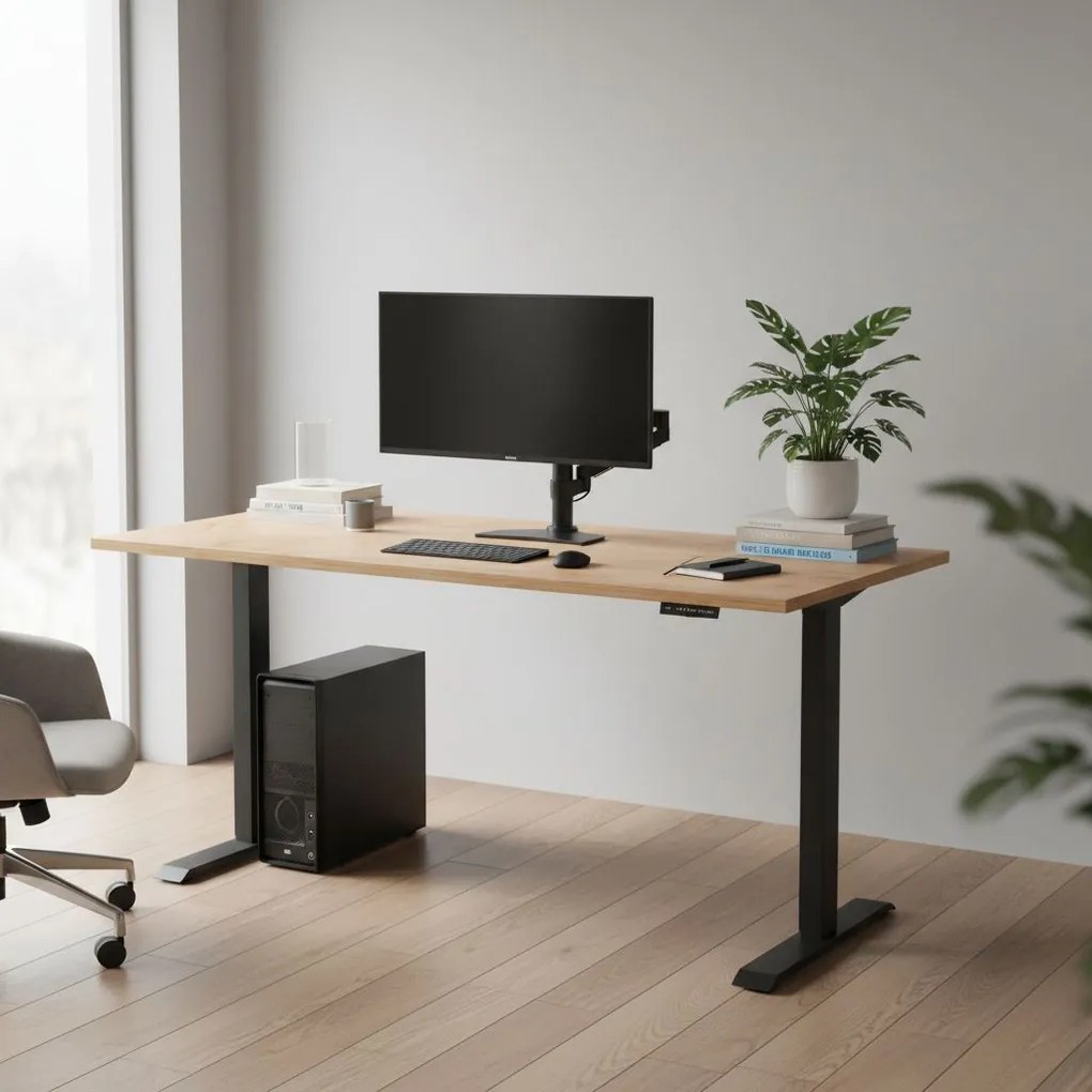 Výškově nastavitelný stůl OfficeTech A, 160 x 80 cm, černá podnož, dub kraft