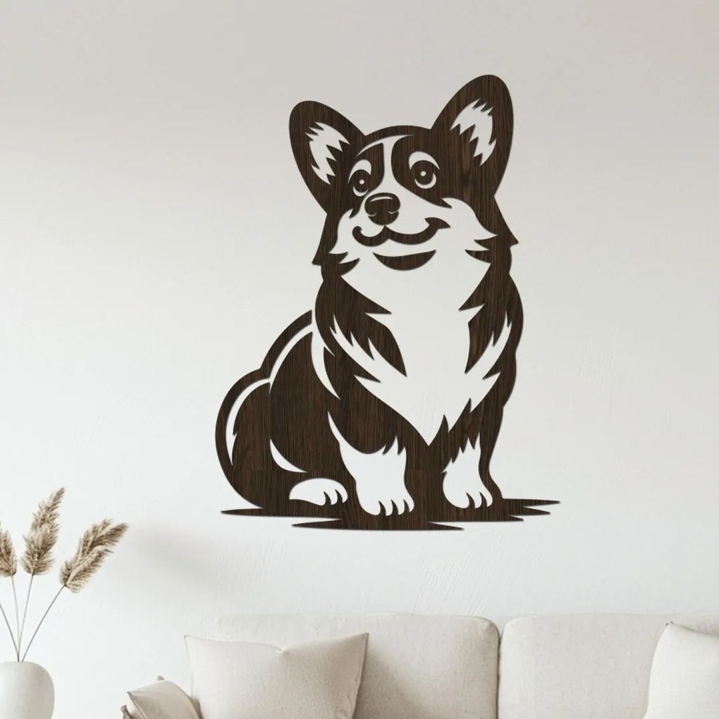 dřevo života Dřevěný obraz sedící Corgi Zvolte rozměr (cm): 30x40, Zvolte barvu dekoru: Třešeň