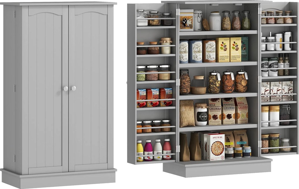 HOMCOM Moderní Kuchyňská Skříňka s Úložným Prostorem, Regály a 12 Kořenkami, Spíž pro Jídelnu a Obývací Pokoj, 60 x 30 x 104 cm, Šedá