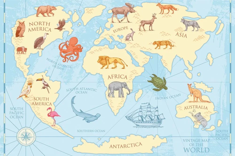 Tapeta mapa světa se zvířaty - 150x100 cm