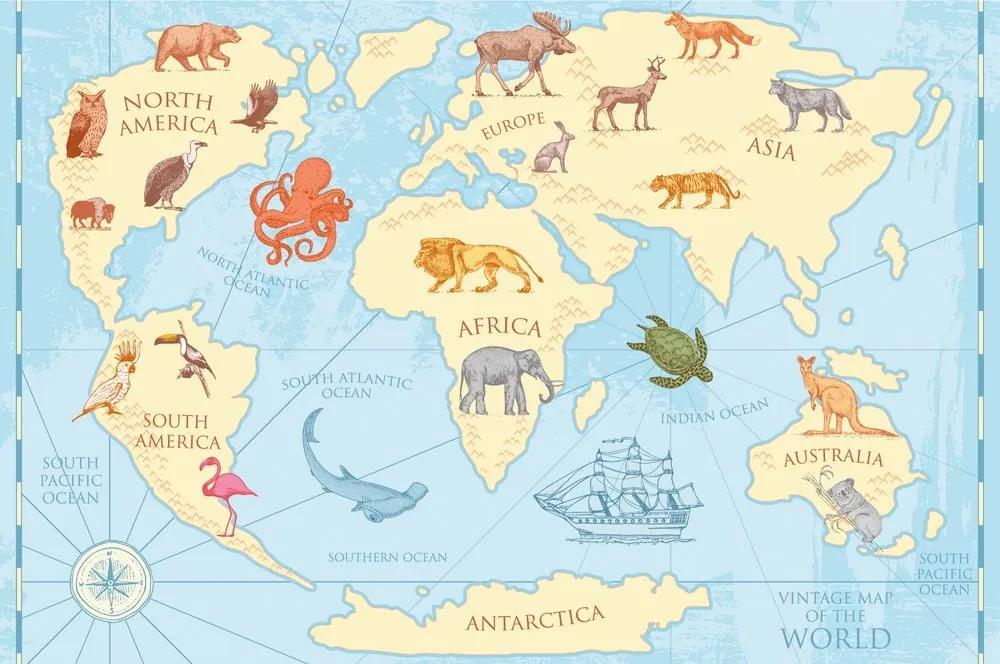 Tapeta mapa světa se zvířaty - 225x150 cm