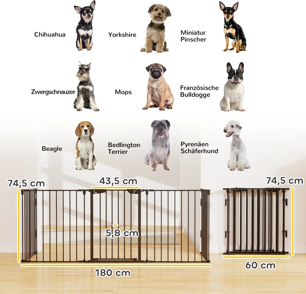 PawHut 2 v 1 výběh pro štěňata 5-TLG Skládací ohrádka s dvířky pro malé a střední psy, DIY ohrádka pro štěňata 300 x 74,5 cm kovová černá