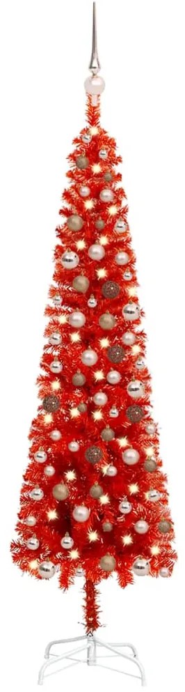 3078081 vidaXL Úzký vánoční stromek s LED diodami a sadou koulí červený 150 cm