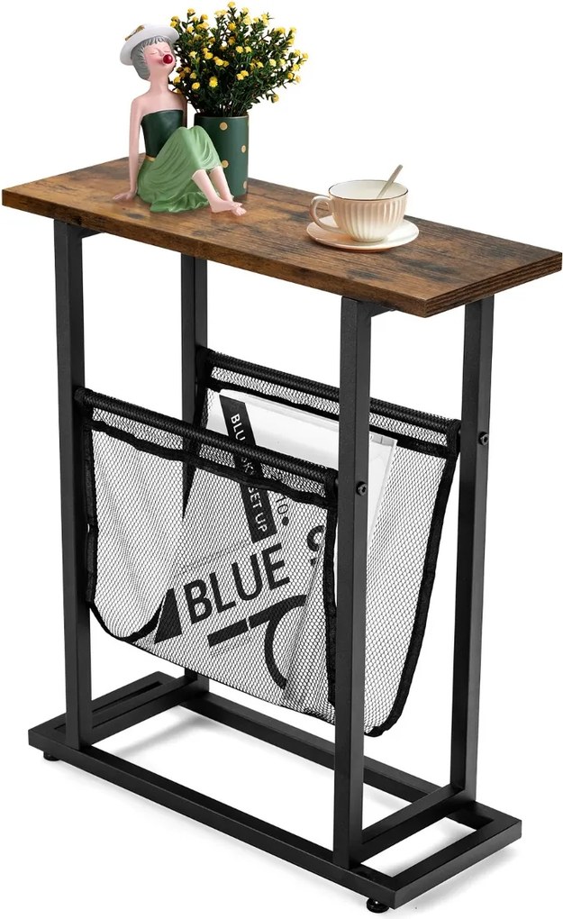 Costway Industrial odkládací stolek 2patrový úzký hnědá + – 48 × 18 × 54,5 cm
