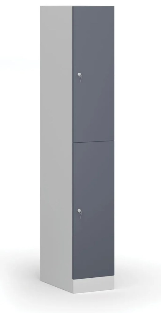 Šatní skříňka S1 s úložnými boxy, 2 boxy, 1850 x 300 x 500 mm, demont, cylindrický zámek, tmavě šedé dveře