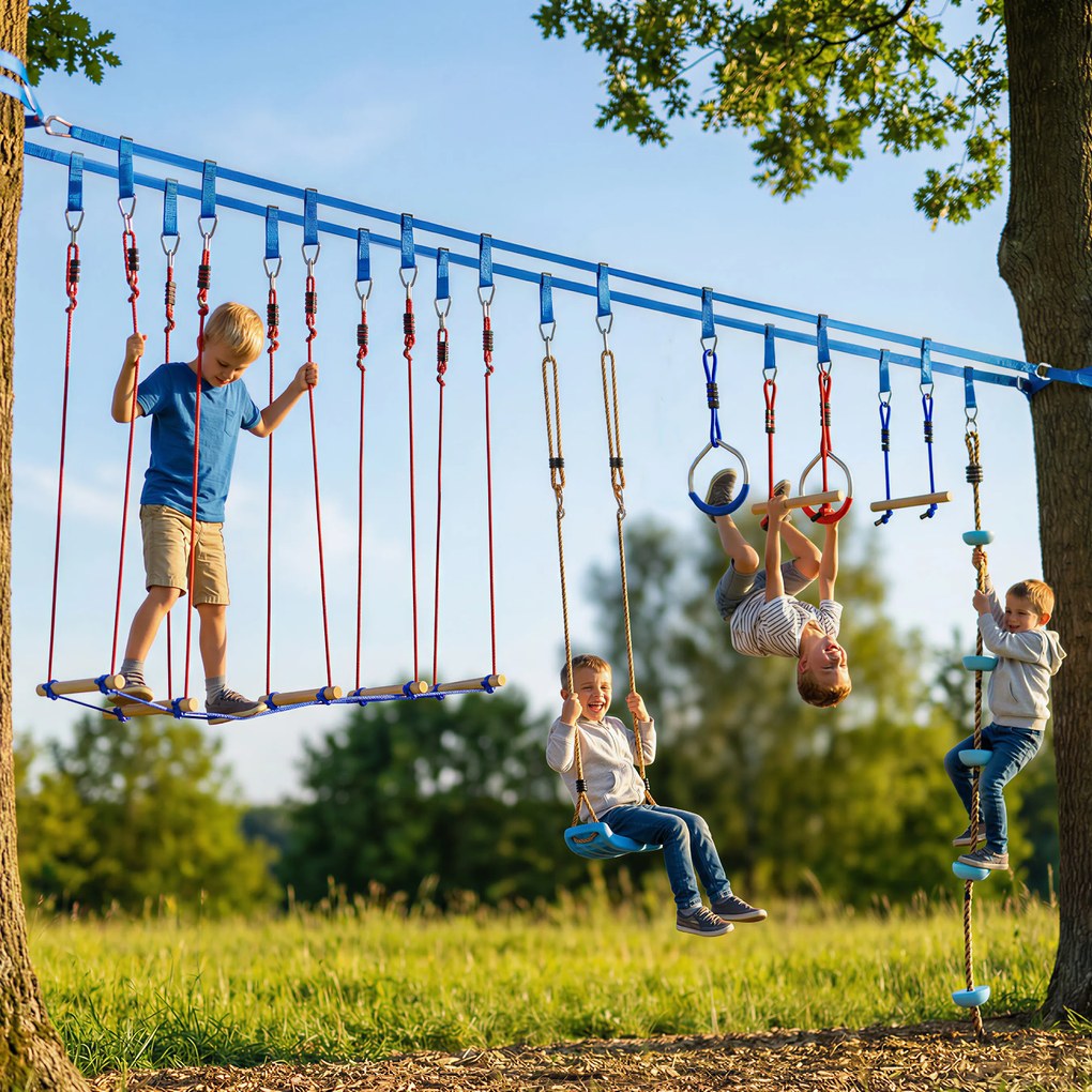 Ninja Line dětská 24m slackline sada s gymnastickými kruhy 7 překážek šplhací tyč balanční most pro 3-6 let červená+modrá