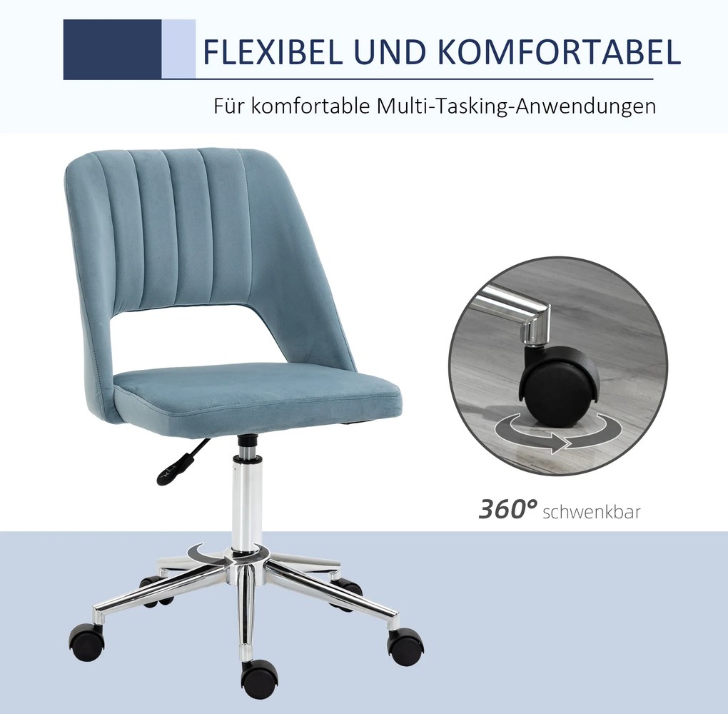 Výškově nastavitelná otočná židle Vinsetto do obývacího pokoje a kanceláře, sametová v modré barvě, ergonomická kancelářská židle pro pohodlí