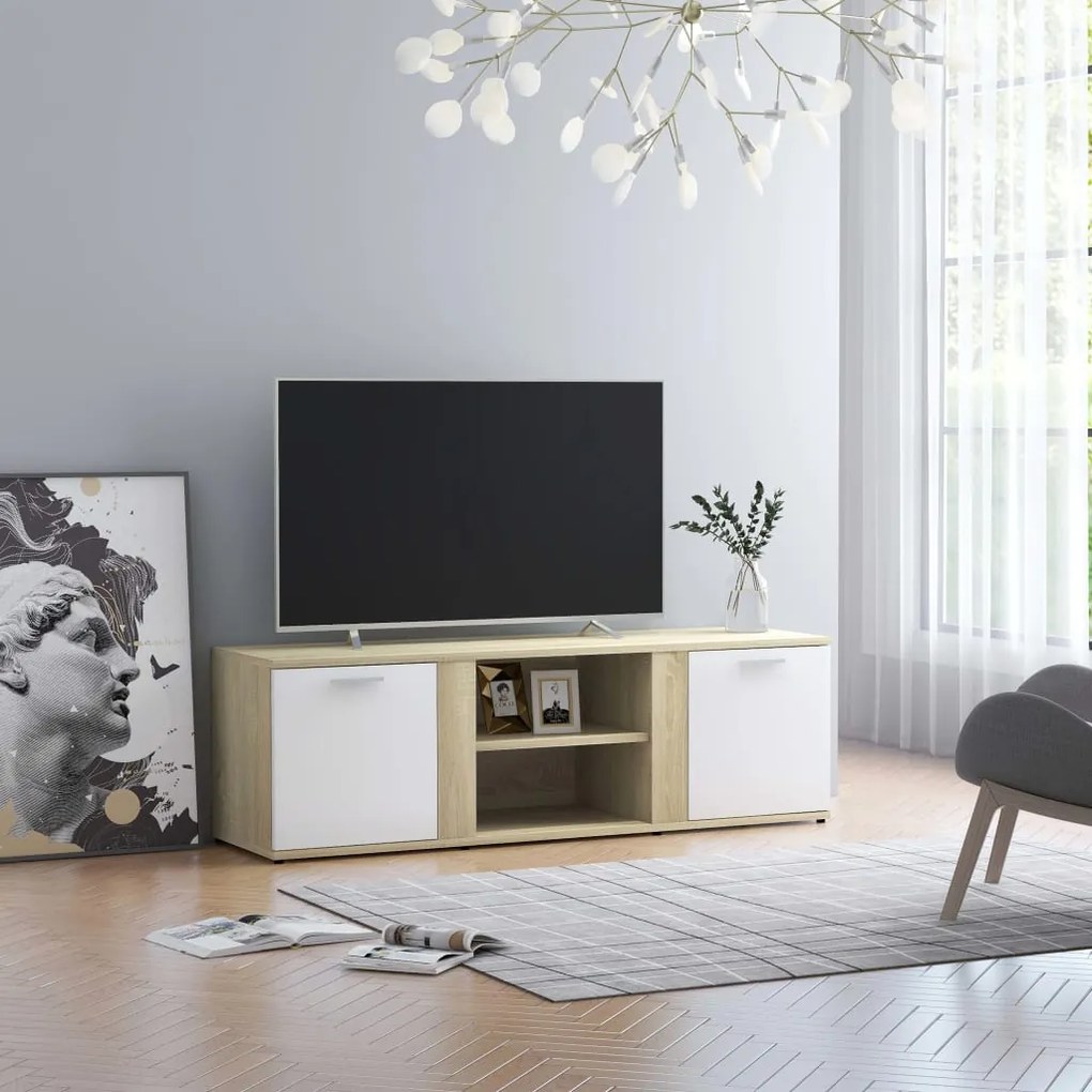 TV stolek bílý a dub sonoma 120 x 34 x 37 cm dřevotříska - Default Title
