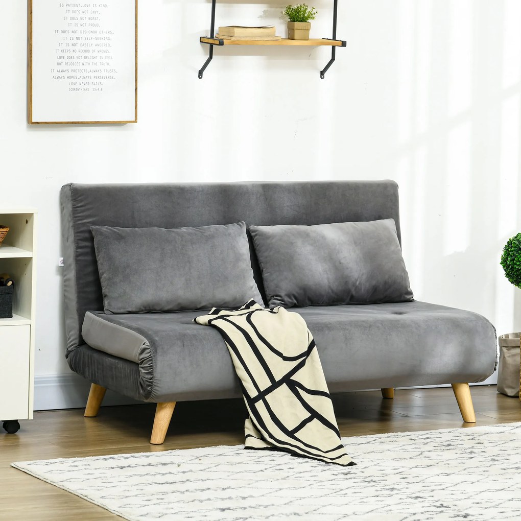 HOMCOM 2místná rozkládací pohovka s funkcí lůžka, rozkládací pohovka s nastavitelným opěradlem, šedý sametový vzhled, 130 x 78 x 79 cm do obývacího p…