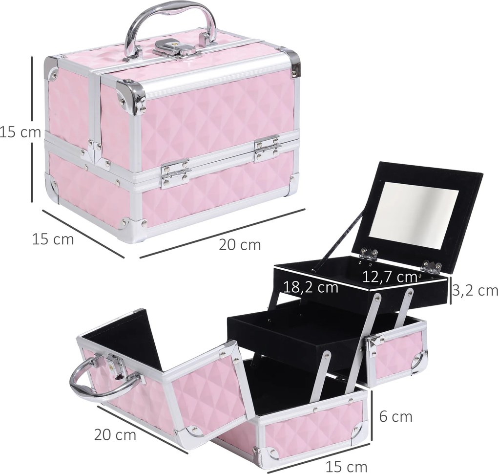 HOMCOM Profesionální Kosmetický Organizér na Make-up S Zrcadlem a Zámkem - Přenosná Taška na Make-up s Více Přihrádkami 20x15x15cm Hliníková