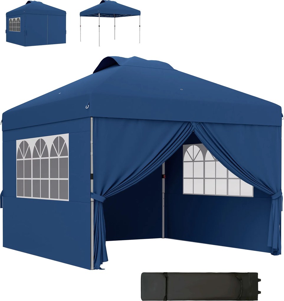 Outsunny Skládací Zahradní Altán Pop-up Recepční Stan 3 x 3 s Nastavitelnou Výškou a Bočními Stěnami, Větracími Okenkami, Okny a Oxfordskou Tkaninou s