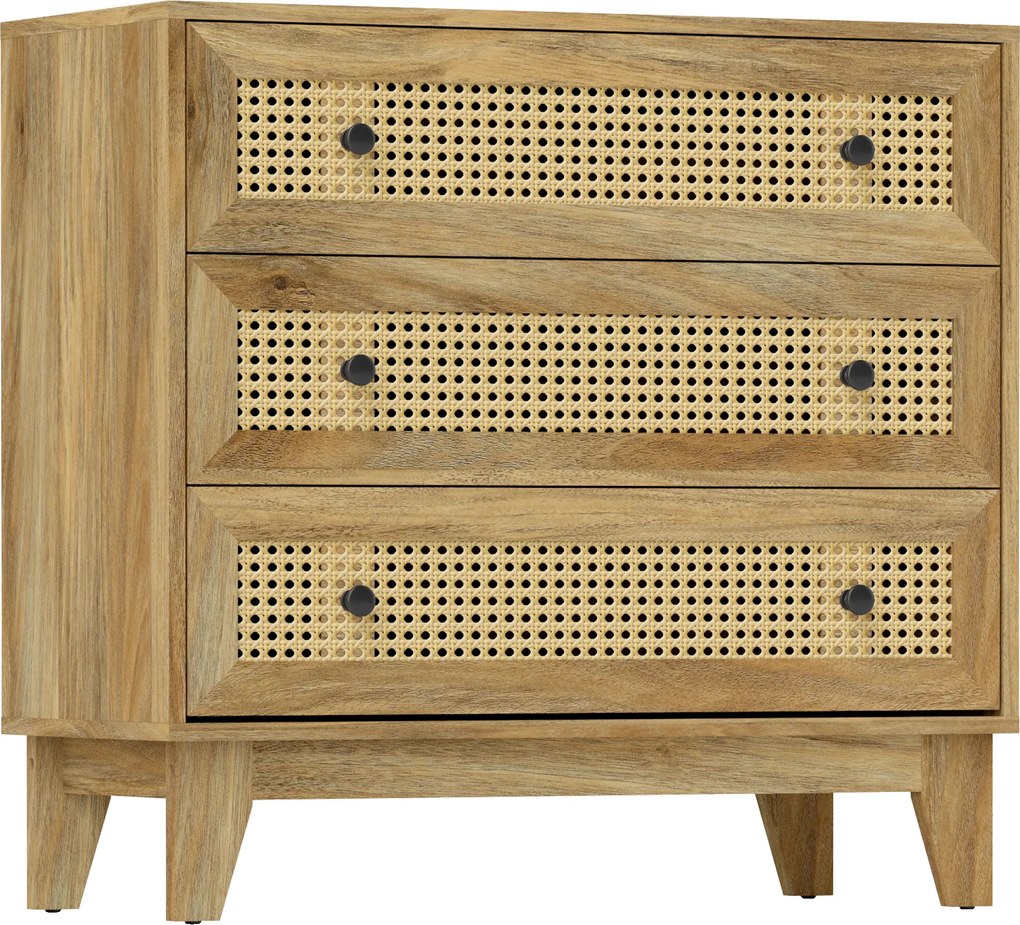 HOMCOM Úložný kabinet s 3 zásuvkami z ratanu 80 x 35 x 76 cm v jemném dřevěném vzhledu