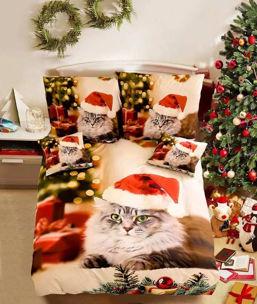 3 dílné 3D povlečení Polycotton Vánoční Cat 200x140cm+90x70cm TiaHome