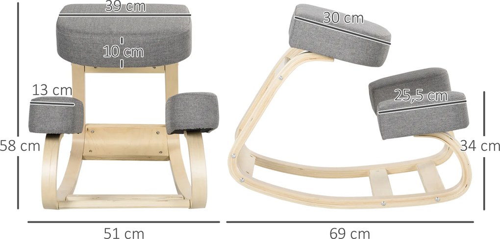 Ergonomická klečící židle Vinsetto z březového dřeva, židle pro správné sezení s paměťovou pěnou a polyesterovým polstrováním pro domov i kancelář, š…
