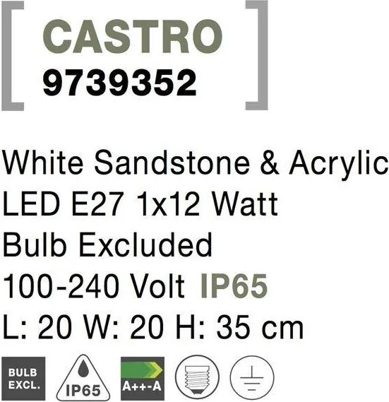 NV 9739352 Venkovní sloupkové svítidlo CASTRO bílý pískovec a akryl E27 1x12W bez žárovky 100-240V IP65 - NOVA LUCE